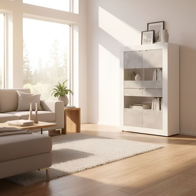 Bella Casa Basic Glass Cabinet With 4 Doors White & Beton Ref 209015-06B